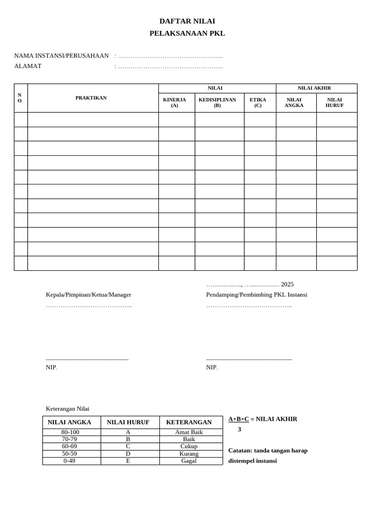 Daftar Nilai Sertifikat PKL | PDF