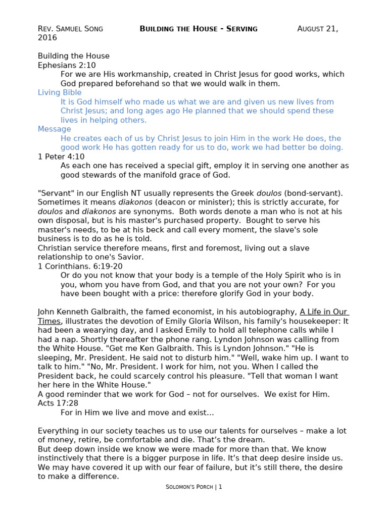 Pastor Samuel Song - Building The House Serving | PDF | Natural ...
