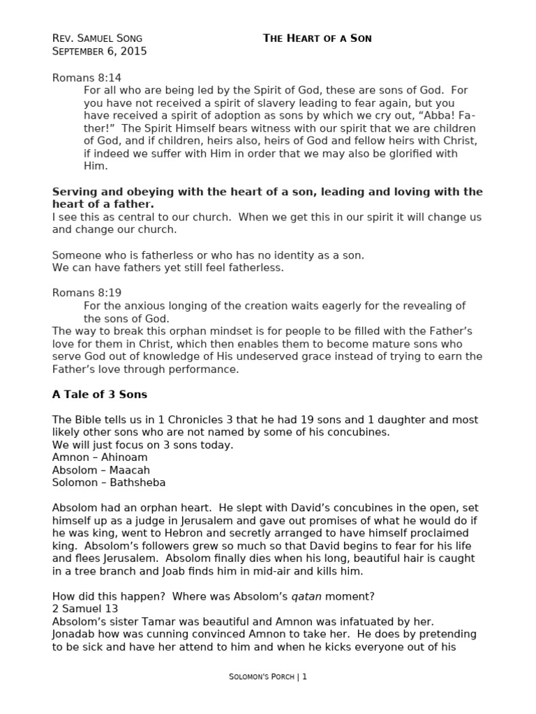 Pastor Samuel Song - Heart of A Son Part 2 | PDF | Books Of Samuel