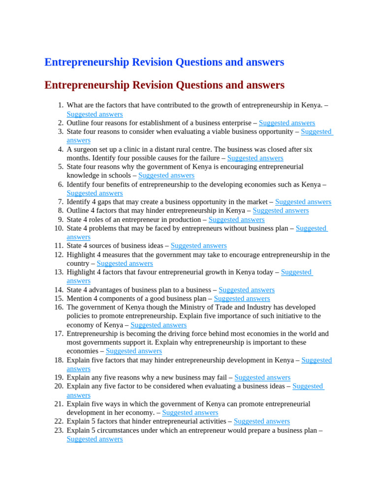 Entrepreneurship Revision Questions and Answers | PDF ...