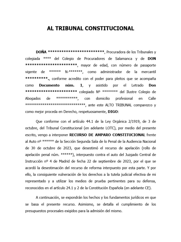 01 Demanda de Recurso de Amparo Ejemplo Modelo | PDF | Apelación | Jurisdicción