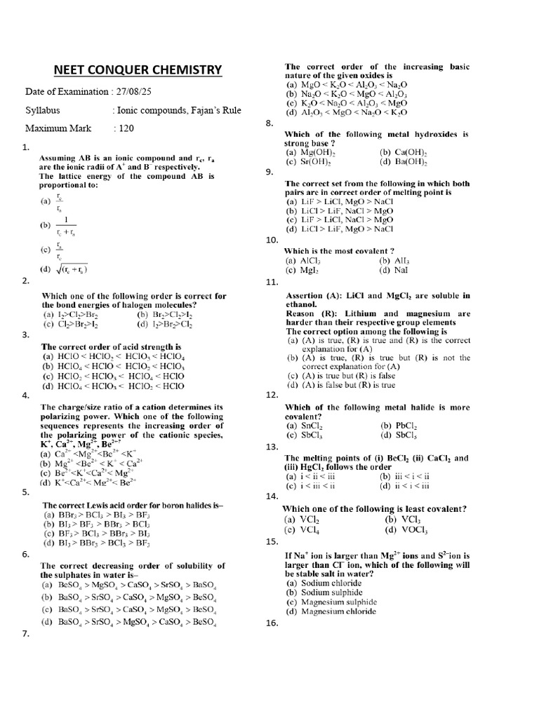 NEET Ionic Compounds Test | PDF