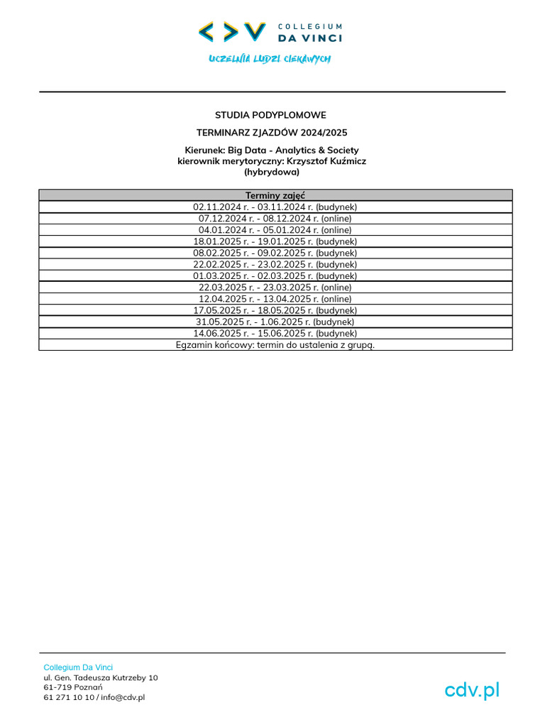 Big Data Hybryda Harmonogram 2024 2025 | PDF