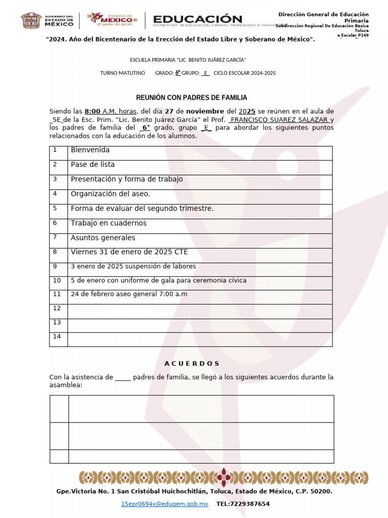 1a Reunion Padres de Familia 6E | PDF | Educación primaria