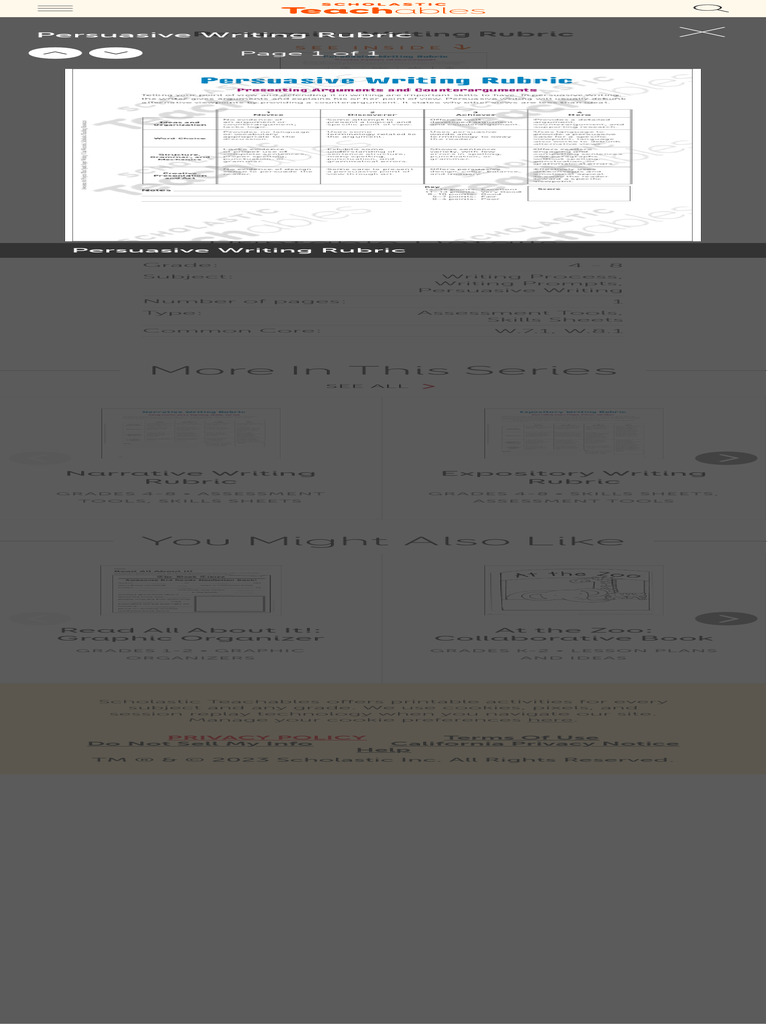Persuasive Writing Rubric Printable Assessment Tools, Skills Sheets | PDF
