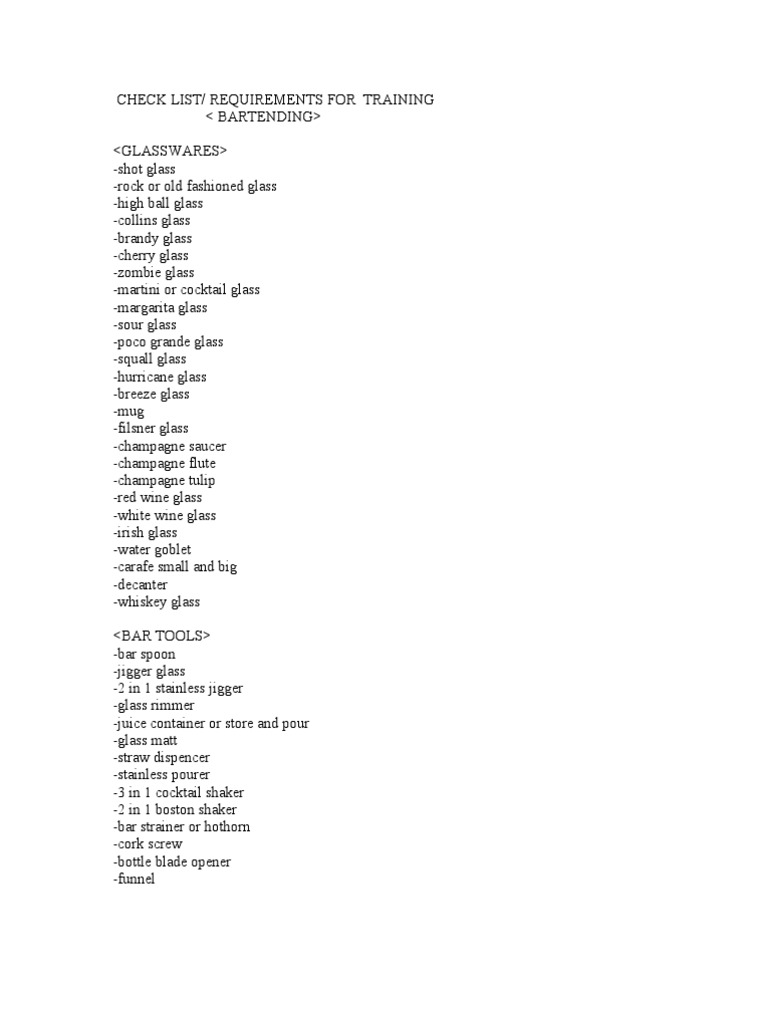 Check List Bar Training | PDF | Brandy | Martini (Cocktail)