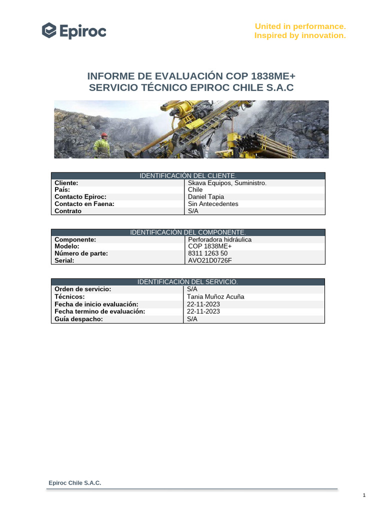 Informe Evaluación Perforadora COP 1838ME+ | PDF | Ingeniería mecánica