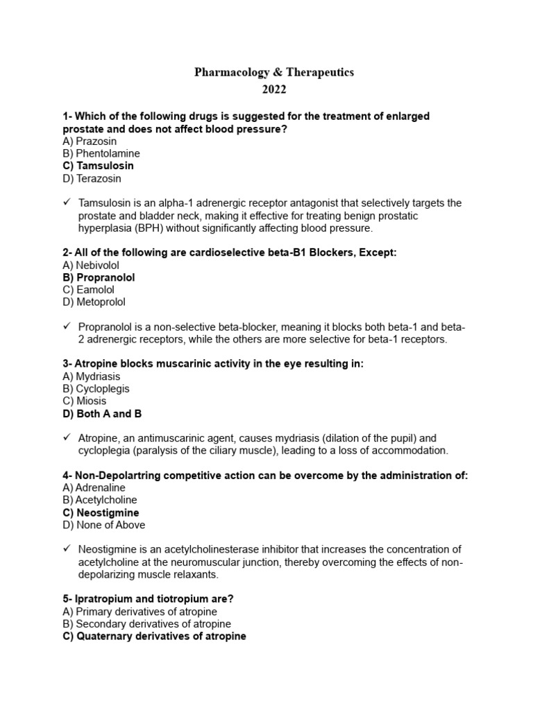 Pharmacology Past MCQs (Solved) | PDF | Acetylcholine | Heart