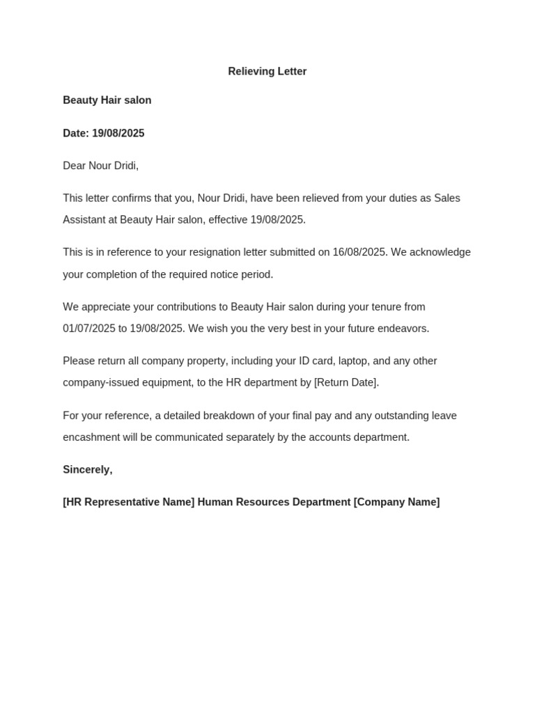 Relieving Letter Sample | PDF