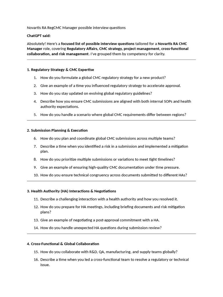 Novartis RA CMC Manager Interview Questions | PDF | Regulatory ...