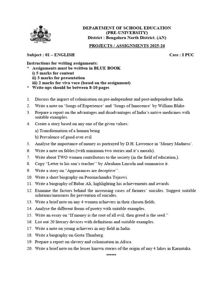 I PUC English Assignment - 25-26 I PUC Kannada Assignment - 25-26 | PDF
