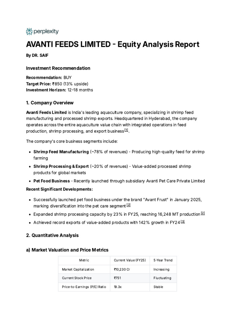 Avanti Feeds Investment Analysis Report | PDF | Dividend | Investing