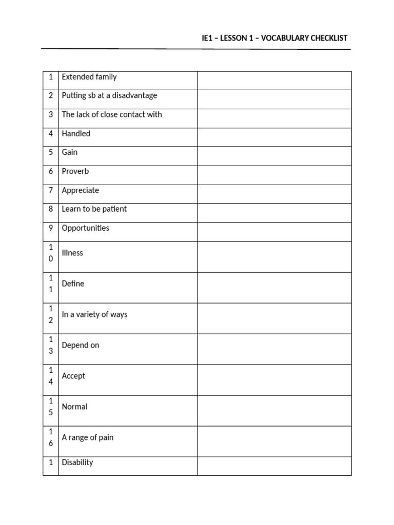 Reading Lesson 1 Vocabulary Checklist | PDF