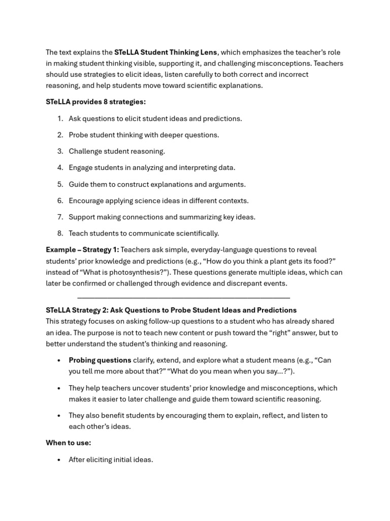 STeLLA Student Thinking Lens Strategies | PDF | Science | Reason