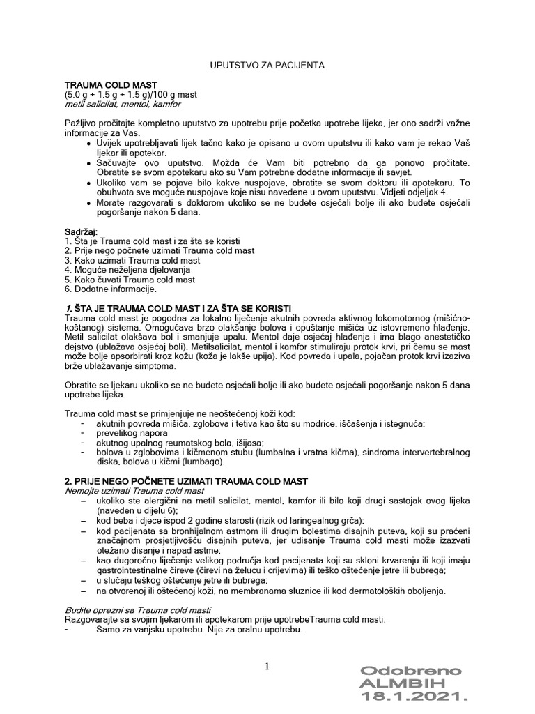 Trauma Cold Mast Uputstvo Za Pacijenta | PDF