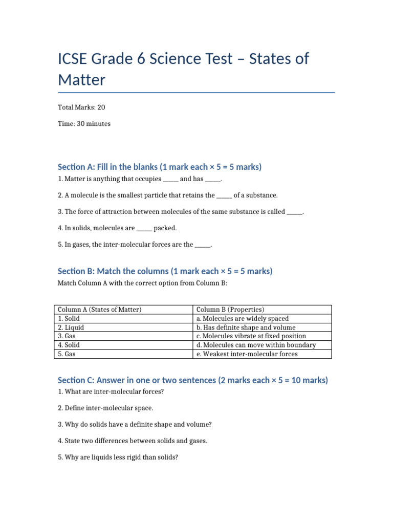 ICSE Grade 6 Science Test States of Matter | PDF