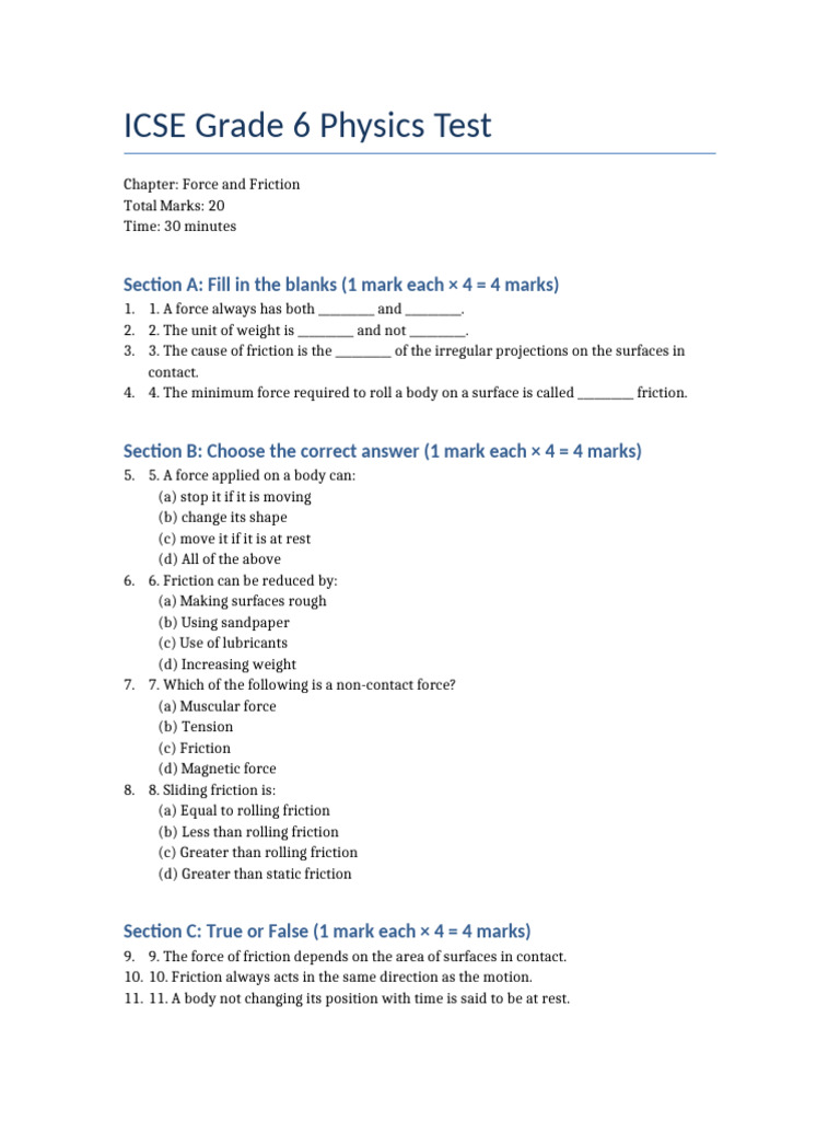 ICSE Grade6 Physics Test Force and Friction | PDF
