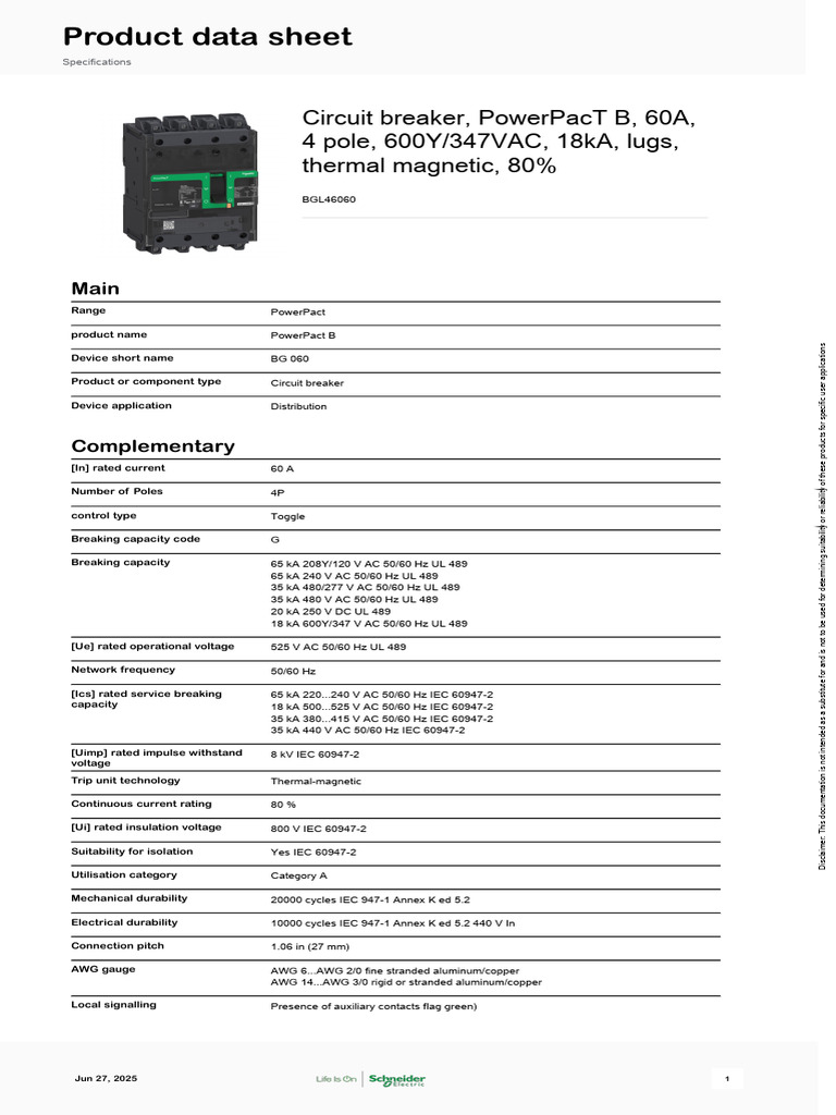 60A PowerPacT B Circuit Breaker Specs | PDF | Alternating Current | Voltage