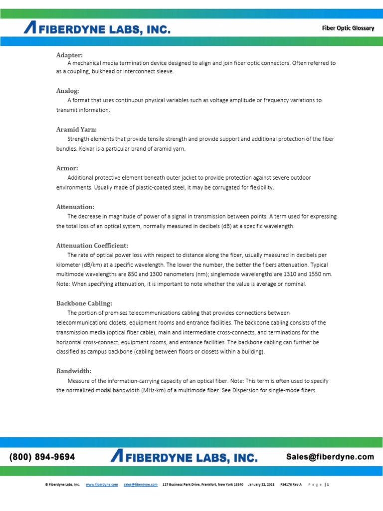 Fiber Optic Terminology Glossary | PDF | Optical Fiber | Dispersion ...