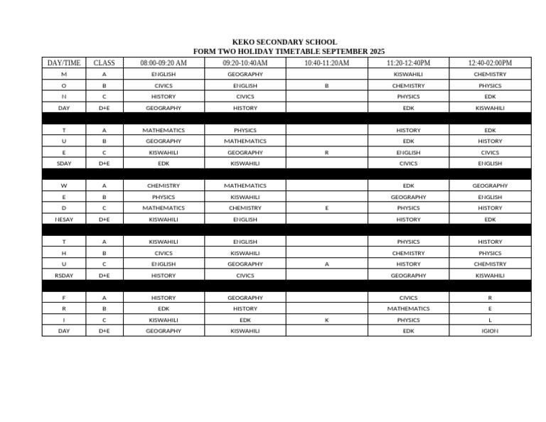 Form Two Holiday Timetable 2025 | PDF
