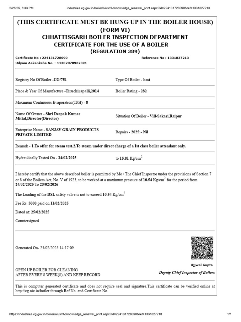 Chhattisgarh Boiler Use Certificate 2025 | PDF | Boiler | Hydraulics