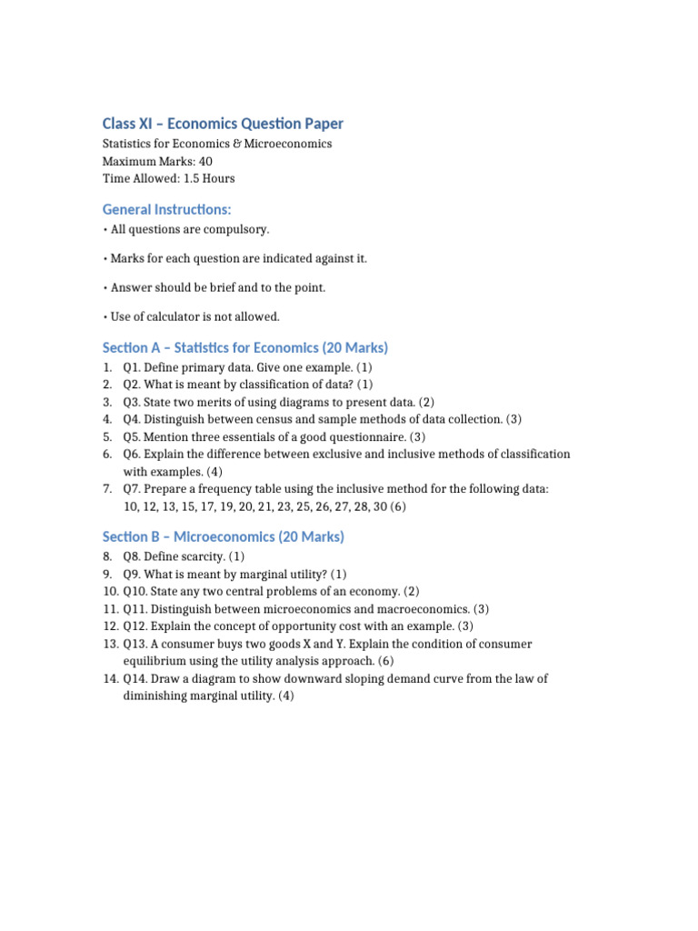 Class 11 Economics Question Paper | PDF