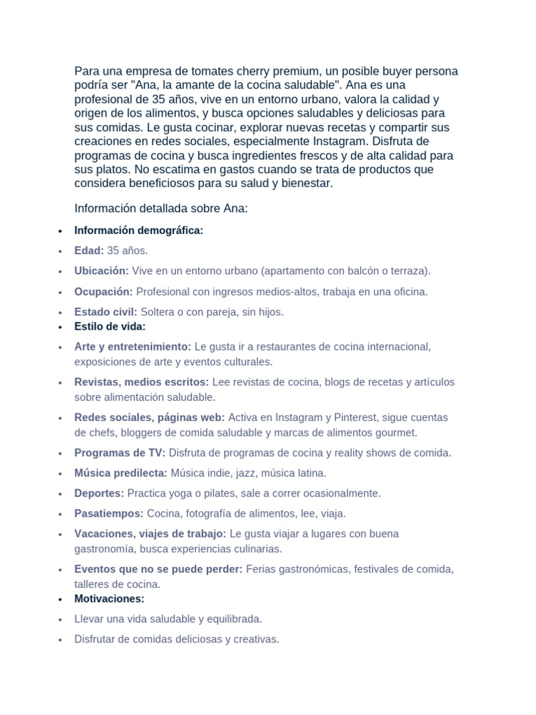 BUYER PERSONA ANA para Una Empresa de Tomates Cherry Premium | PDF ...
