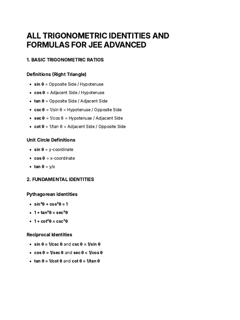 Trigonometric Formulas for JEE Advanced | PDF | Trigonometry ...