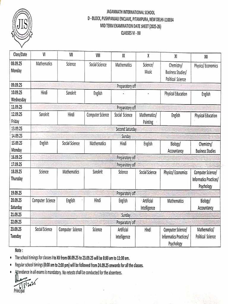 Mid Term Datesheet-Classes VI-XII | PDF