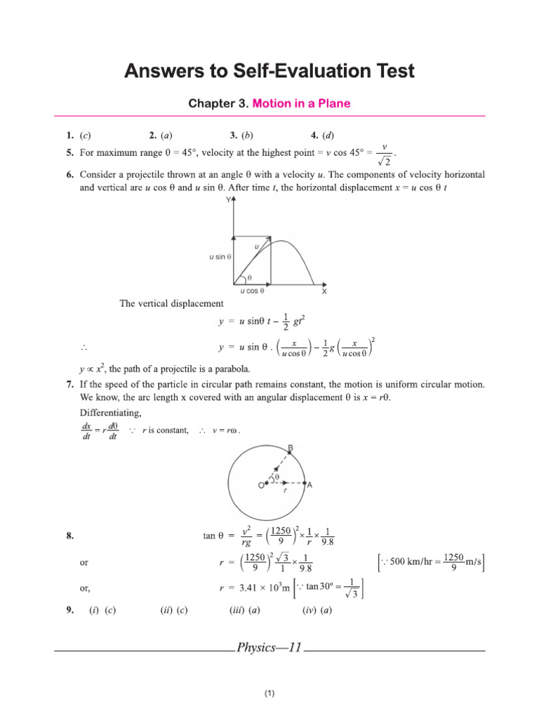 Cbse Cl11 Together With Physics Answers To Self-Evaluation Test CH 3 | PDF