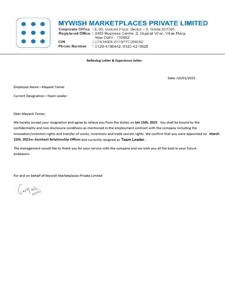 Relieving Letters for Mywish Employees | PDF