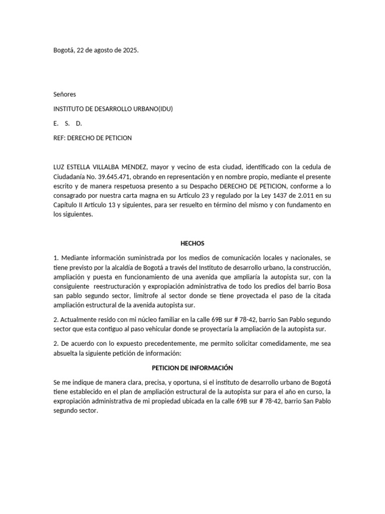 Derecho de Peticion Luz Estella Villalba Mendez IDU | PDF | Petición | Caso de ley