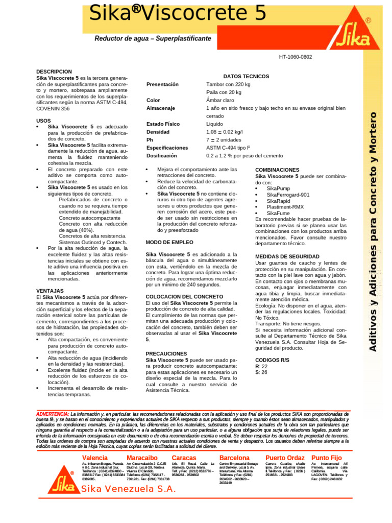 Sika Viscocrete 5: Superplastificante Eficaz | PDF | Hormigón | Agua