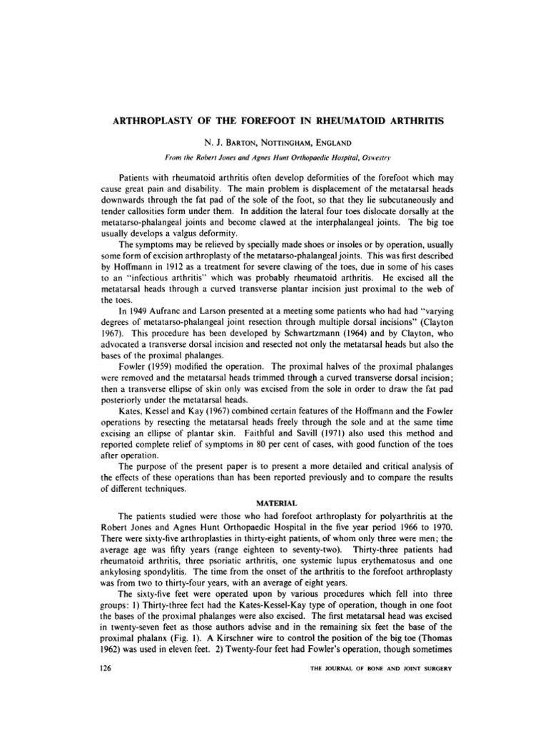 Arthroplasty of The Forefoot in Rheumatoid Arthritis | PDF | Foot | Toe