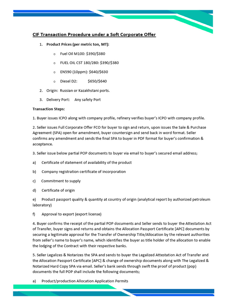 CIF Transaction Procedure Under A Soft Corporate Offer | PDF ...