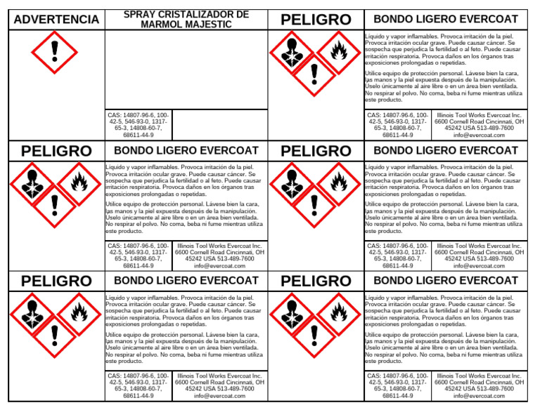 Etiqueta Bondo LIgero Evercoat SGA | PDF | Especialidades Medicas