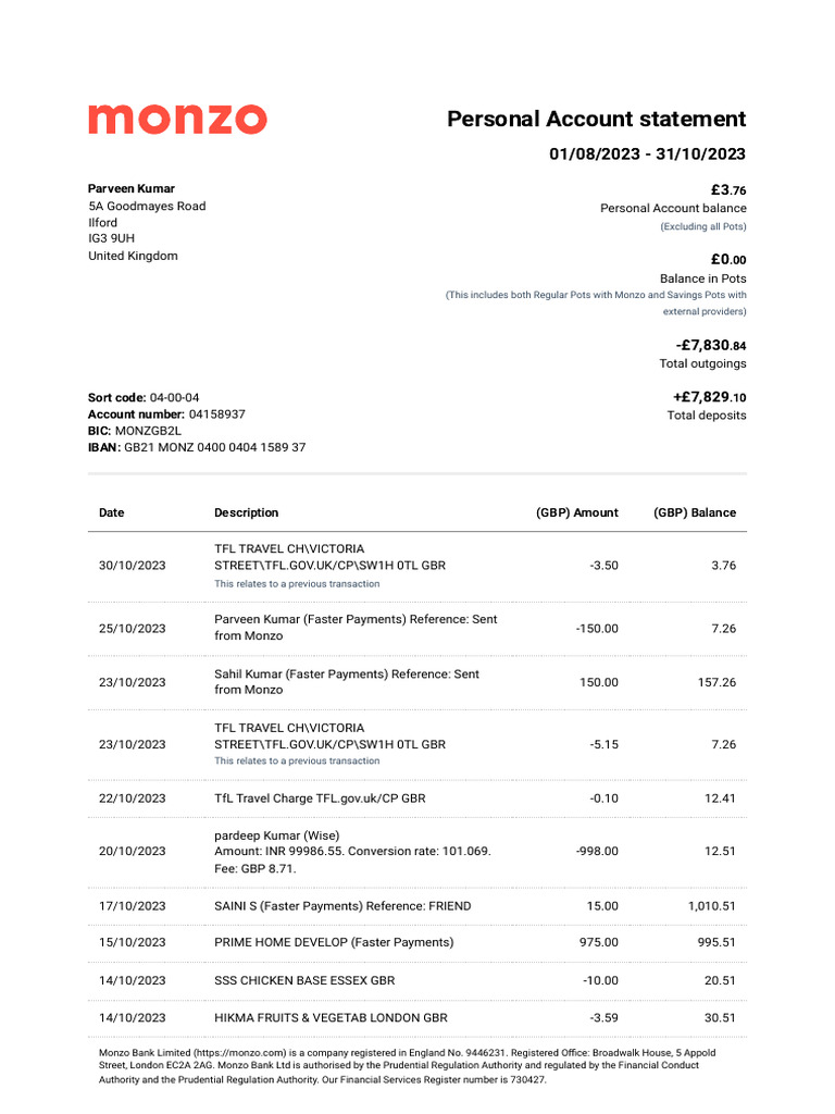Monzo Bank Statement 2023-08-01-2023-10-31 7767 | PDF | Money | Banking ...