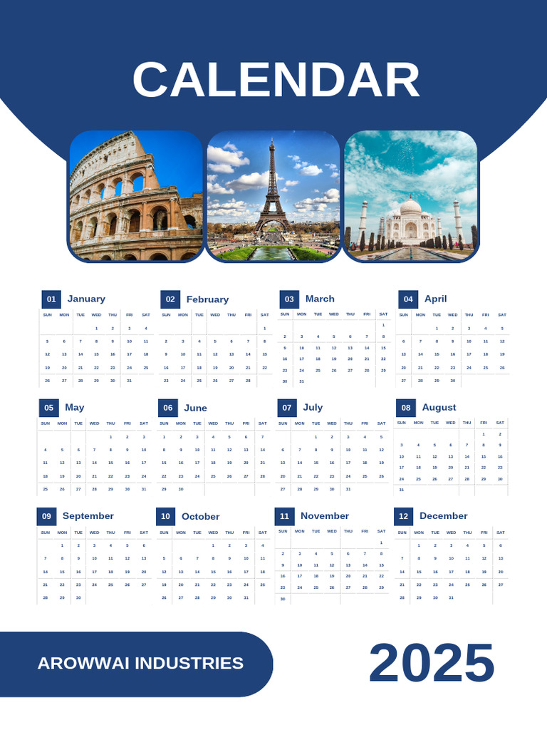 Blue and White Illustrative Calendar 2025 Document | PDF