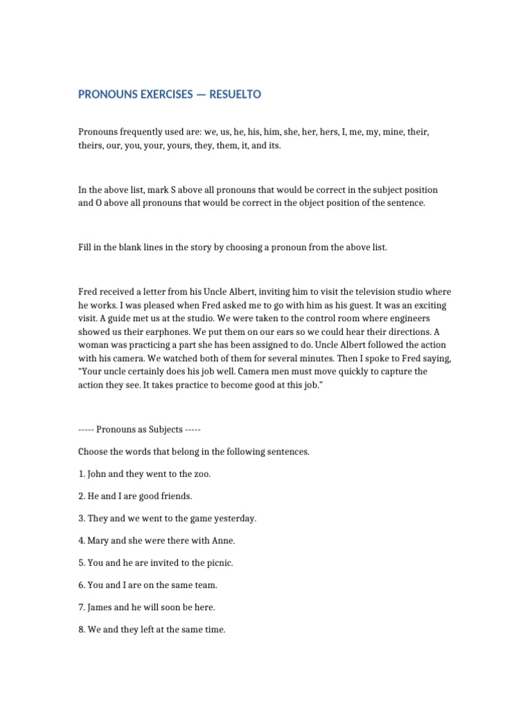Pronouns Exercices Resuelto | PDF