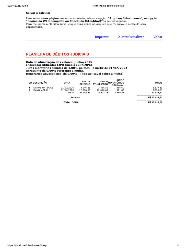 Planilha de débitos judiciais - 0001231-37.2024.8.16.0184 | PDF | Informática | Programas