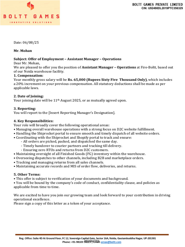 Employment Offer: Assistant Manager Operations | PDF | Warehouse | Business