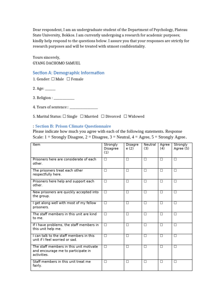 Questionnaire With Tables | PDF | Social Psychology | Behavioural Sciences