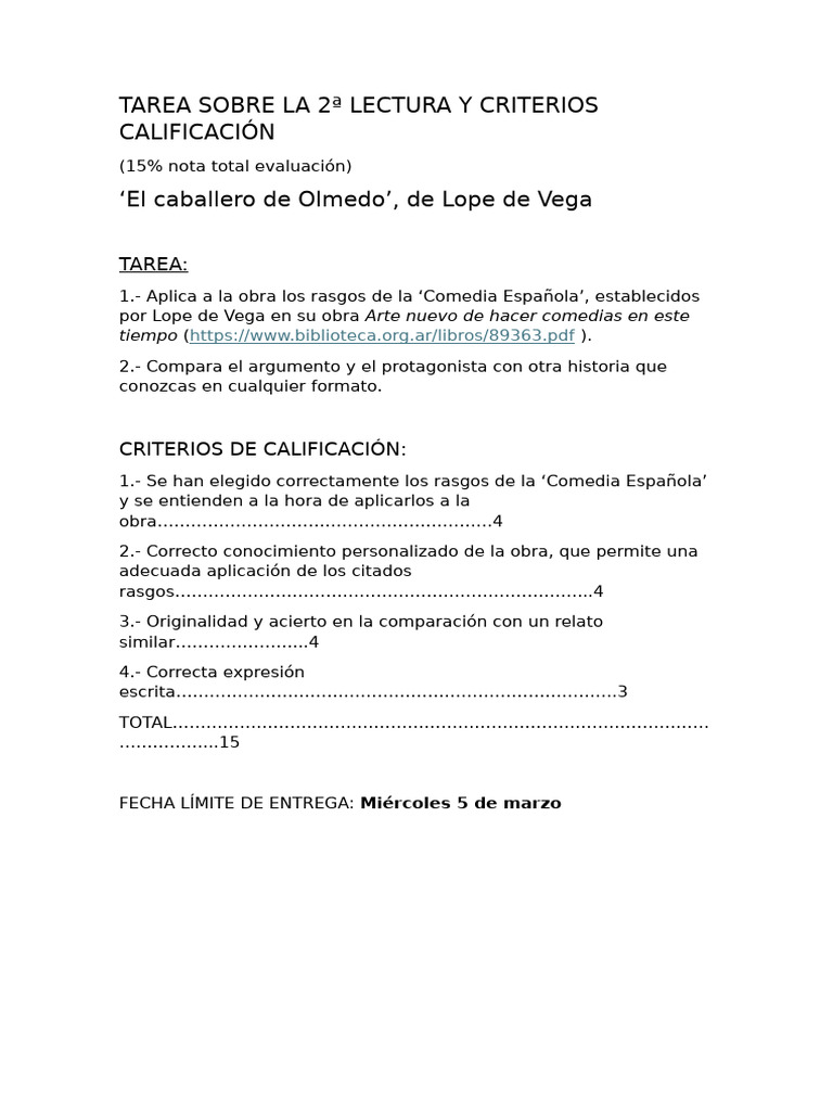 TAREA SOBRE LA 2ª LECTURA Y CRITERIOS CALIFICACIÓN 1B-C | PDF