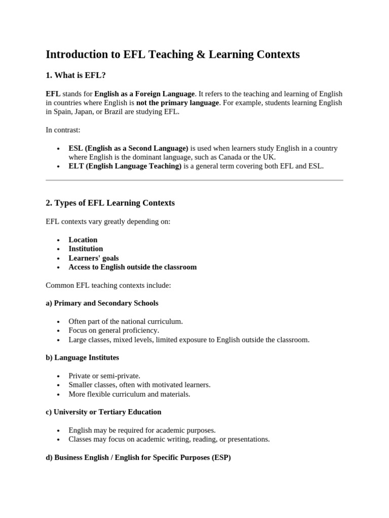 EFL Teaching Contexts Explained | PDF | English As A Second Or Foreign ...