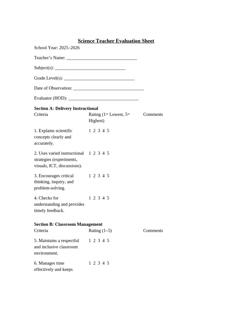 Science Teacher Evaluation Sheet HOD VP | PDF