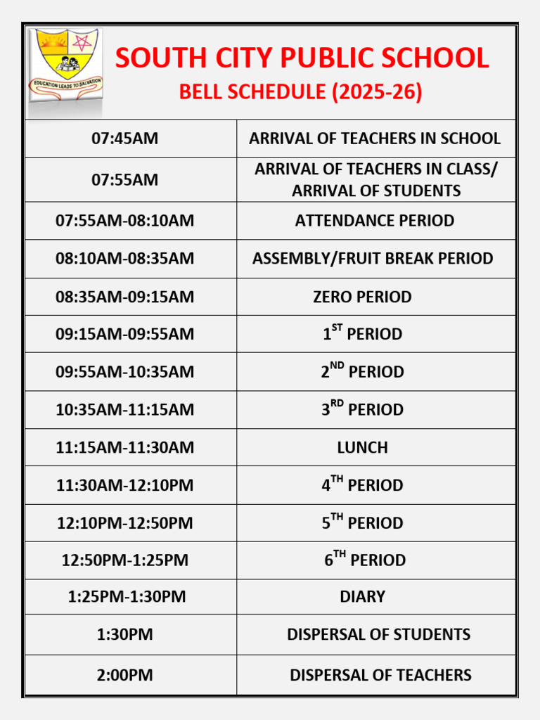 South City School Bell Schedule 2025-26 | PDF