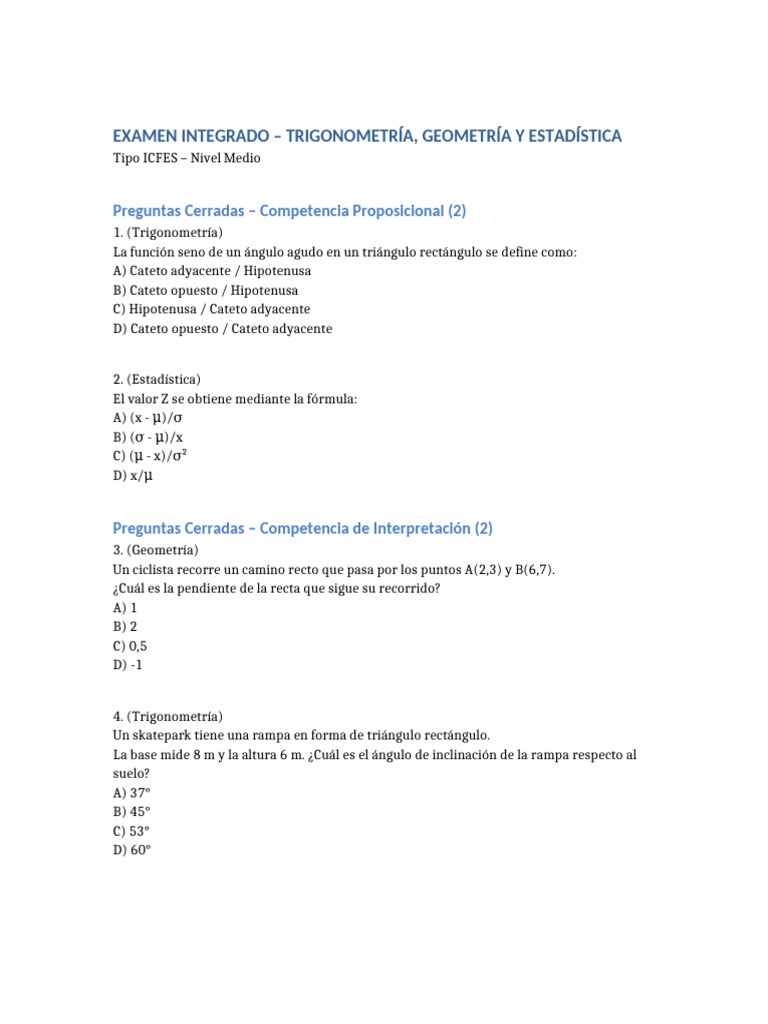 Examen Trig Geom Estad | PDF | Trigonometría | Triángulo