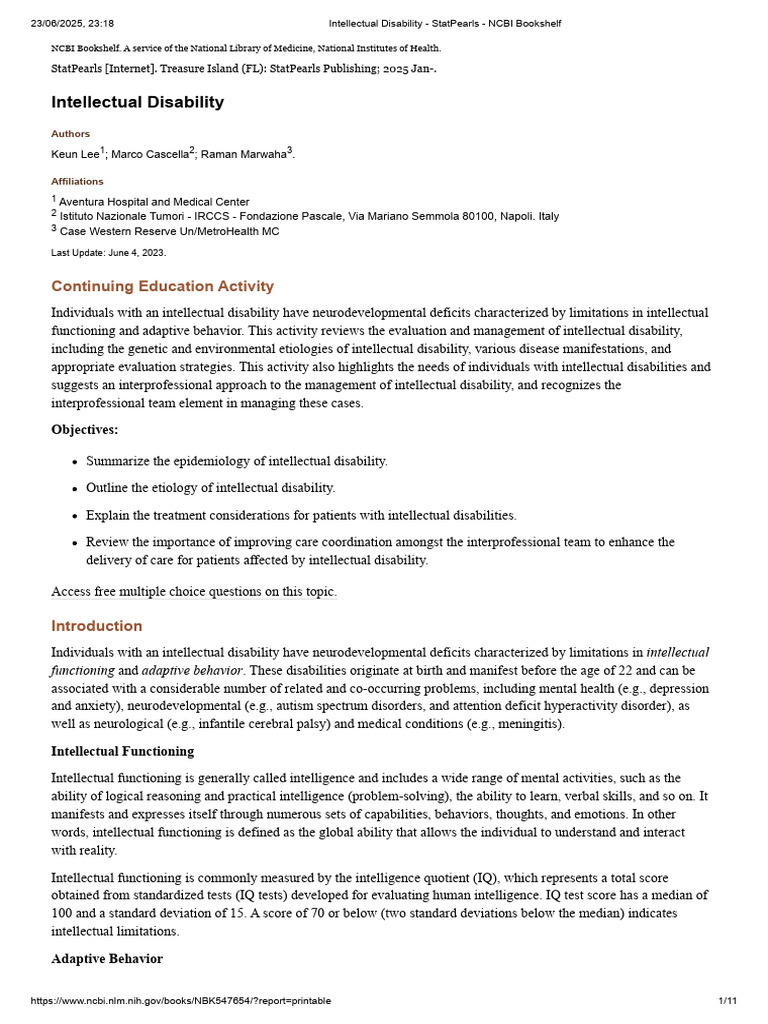 Intellectual Disability - StatPearls - NCBI Bookshelf | PDF | Intellectual Disability ...