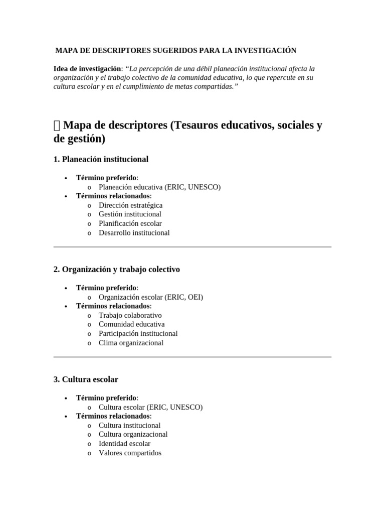 Mapa de Descriptores Sugeridos Para La Investigación | PDF | Planificación