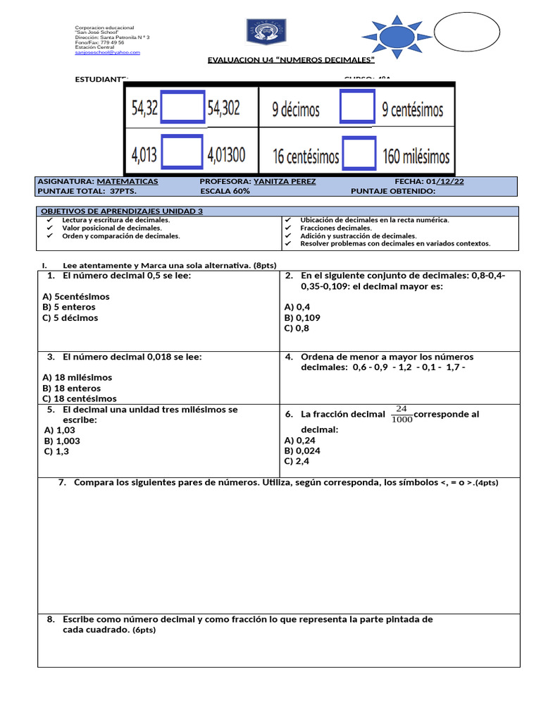 evaluacion decimales 4° adecuada | PDF | Decimal | Teoría de los números